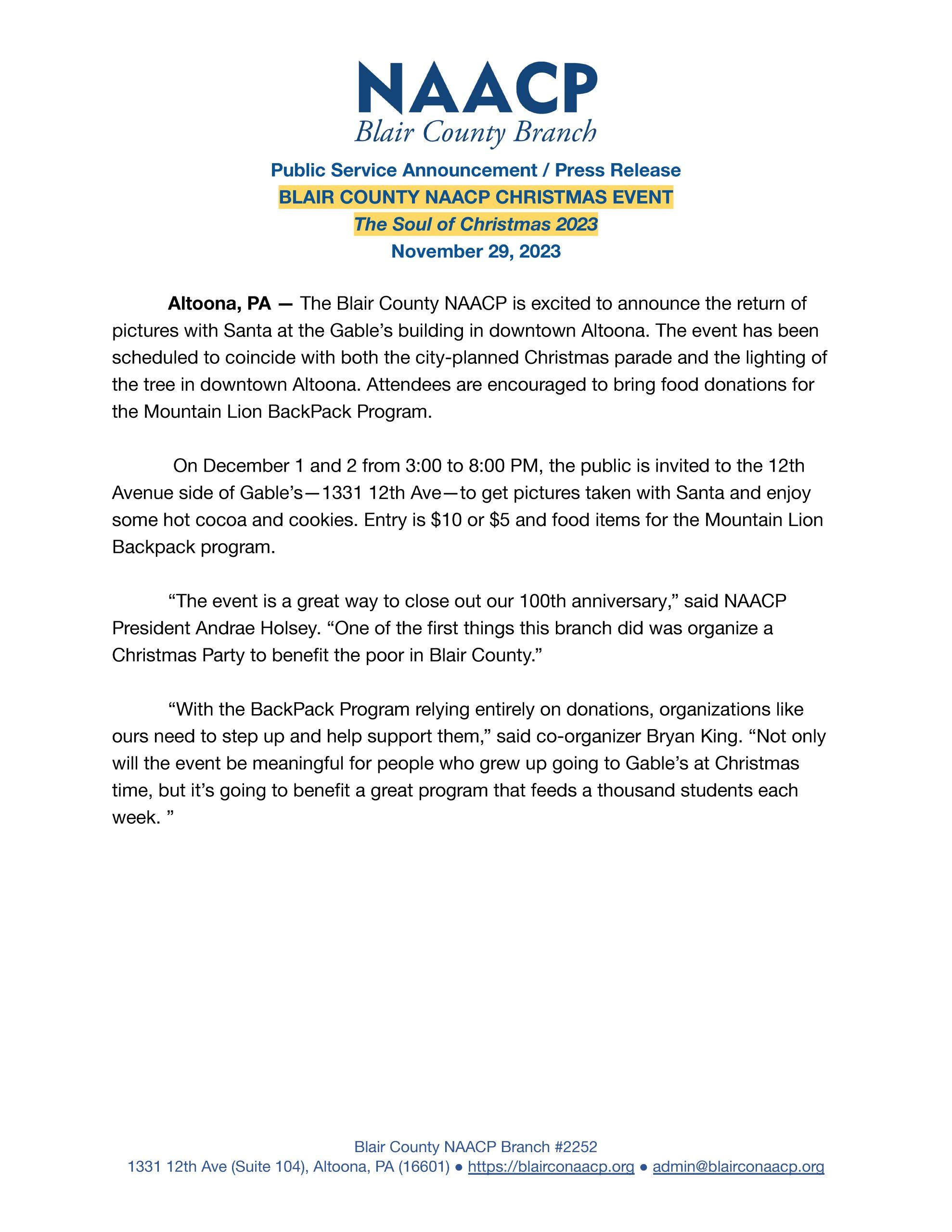 Blair County Christmas Event | NAACP Pennsylvania State Conference